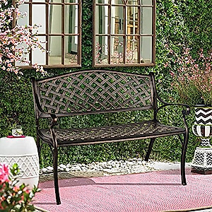 TITIMO 41” Outdoor Garden Bench with Armrests Sturdy Cast Aluminum Porch Loveseat Chair for All-Weather Patio Park Path Yard Lawn Work Entryway Decor Deck (Black)