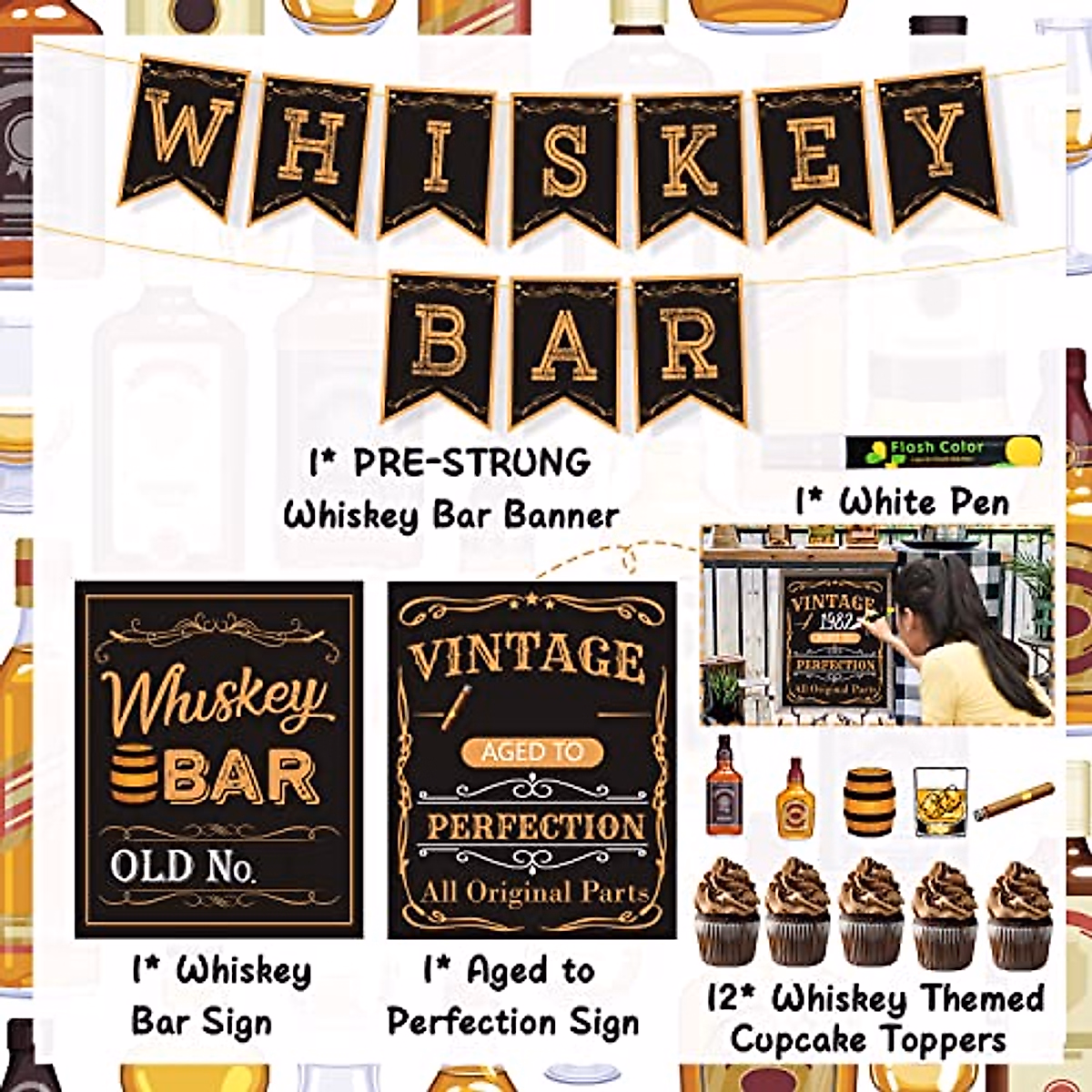 Whiskey Bar Decoration Kit, DIY Whiskey Bar Sign Aged to Perfection Party Sign Whiskey Themed Cake Toppers for Men 30th 40th 50th Birthday Decorations Whiskey Aged to Perfection Party Supplies