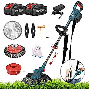 Hengriacly Electric Weed Wacker Battery Powered 4000mAh, 21V Weed Eater Cordless String Trimmer with 4 Types Blades & 2 Pcs Battery & 1 Shoulder Strap (Blue)