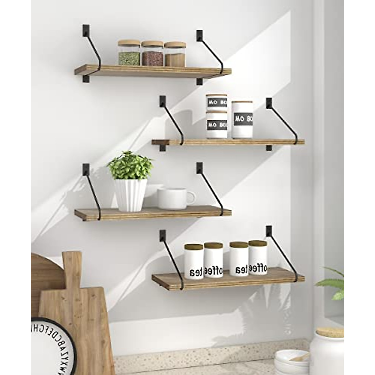 lamplig Floating Shelves Wall Mounted Set of 4, Rustic Wood Wall Storage Shelves with Black Metal Bracket Home Decor Storage Organizer for Bedroom, Living Room, Bathroom, Kitchen, Office