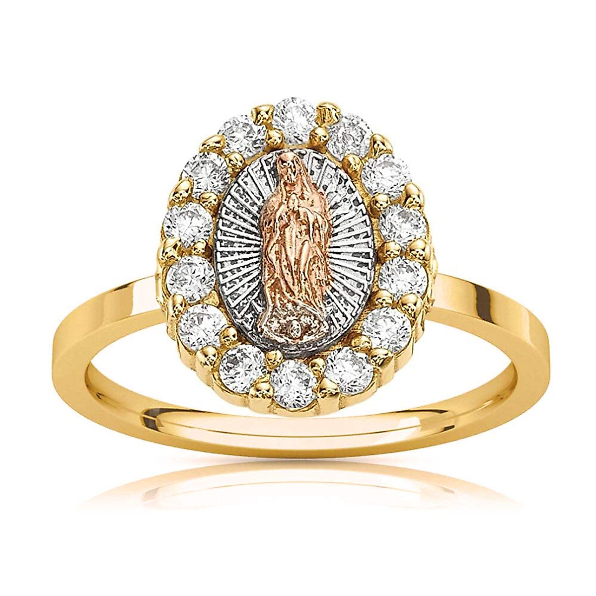 Savlano 18K Gold Plated White Yellow & Rose Three Color Lady of Guadalupe Virgin Mary With Round Cut Cubic Zirconia Women's Religious Ring (6)