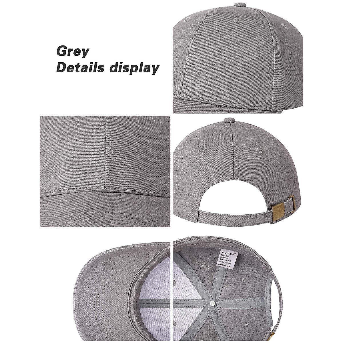 AOSMI 3 Packs Unisex Plain Cotton Strapback Baseball Hats Adjustable No-Logo Blank Clean Ball Caps for Men Women Outdoor Workout Black Grey Khaki
