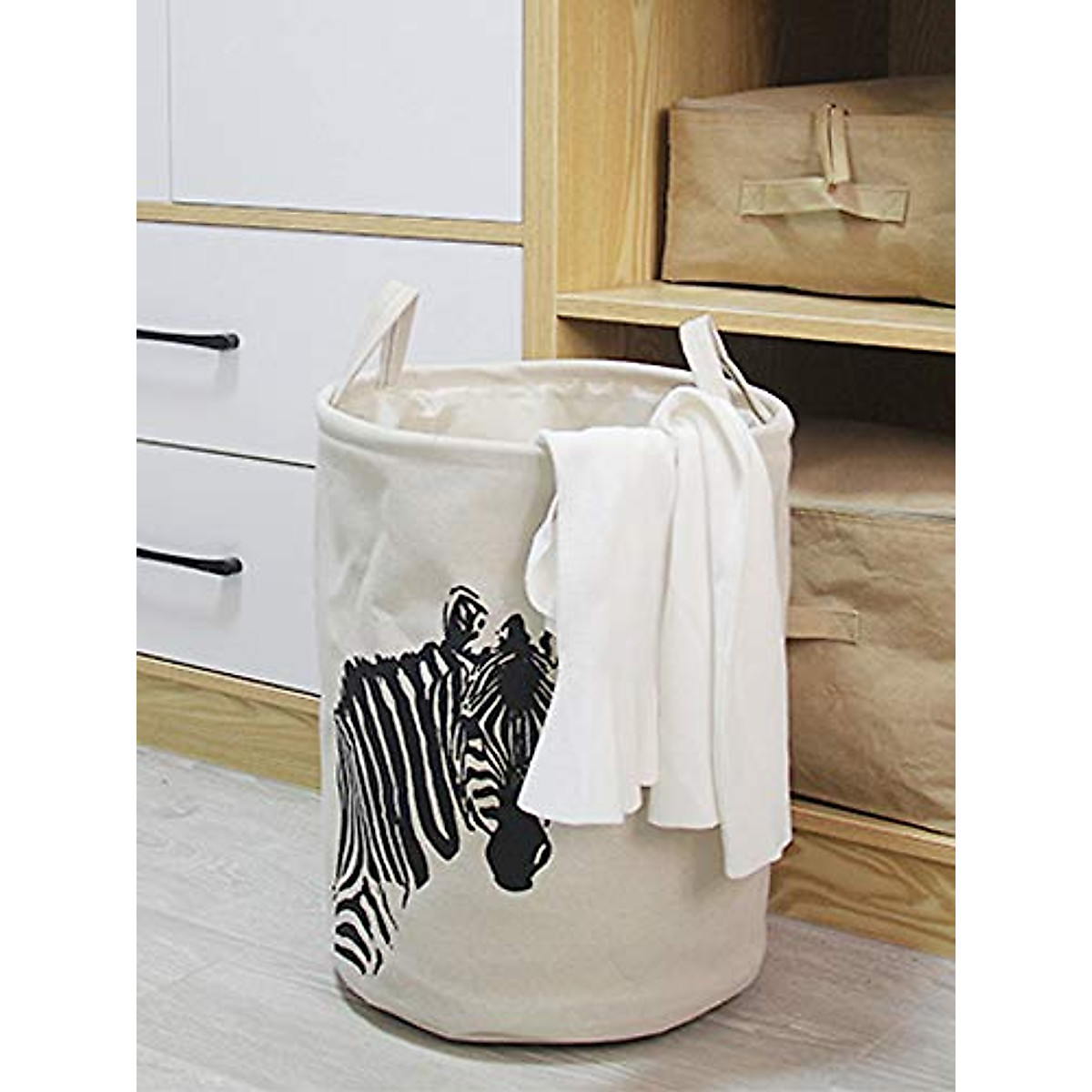 MAGILONA Home Laundry Basket Zebra Round Thick Cotton Linen Collapsible White Storage Basket (Zebra)