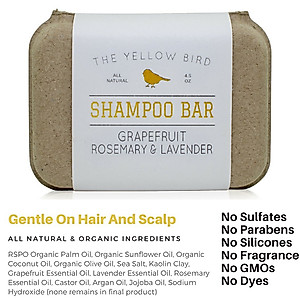 The Yellow Bird Solid Bar Shampoo Soap. Grapefruit, Rosemary, and Lavender. Mild Natural and Organic Ingredients. Sulfate Free. Gentle Scalp + Hair Care