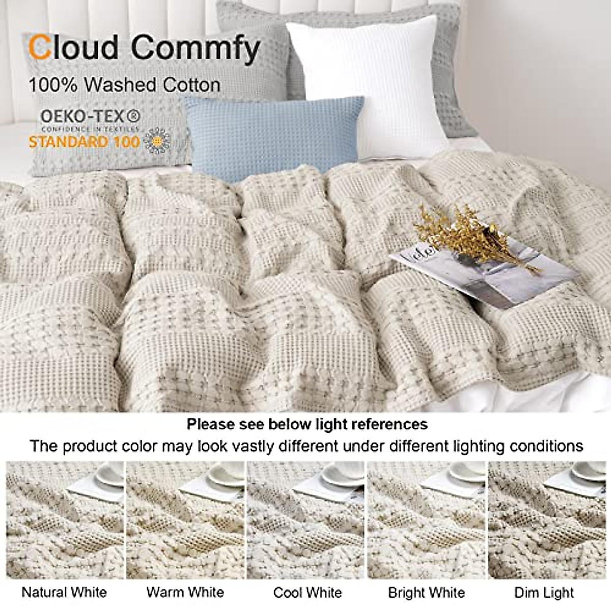 PHF 100% Cotton Waffle Weave Blanket King Size - Washed Soft Lightweight Blanket for All Season - Breathable and Skin-Friendly Blanket for Couch Bed Sofa 108"x90" - Light Khaki/Linen