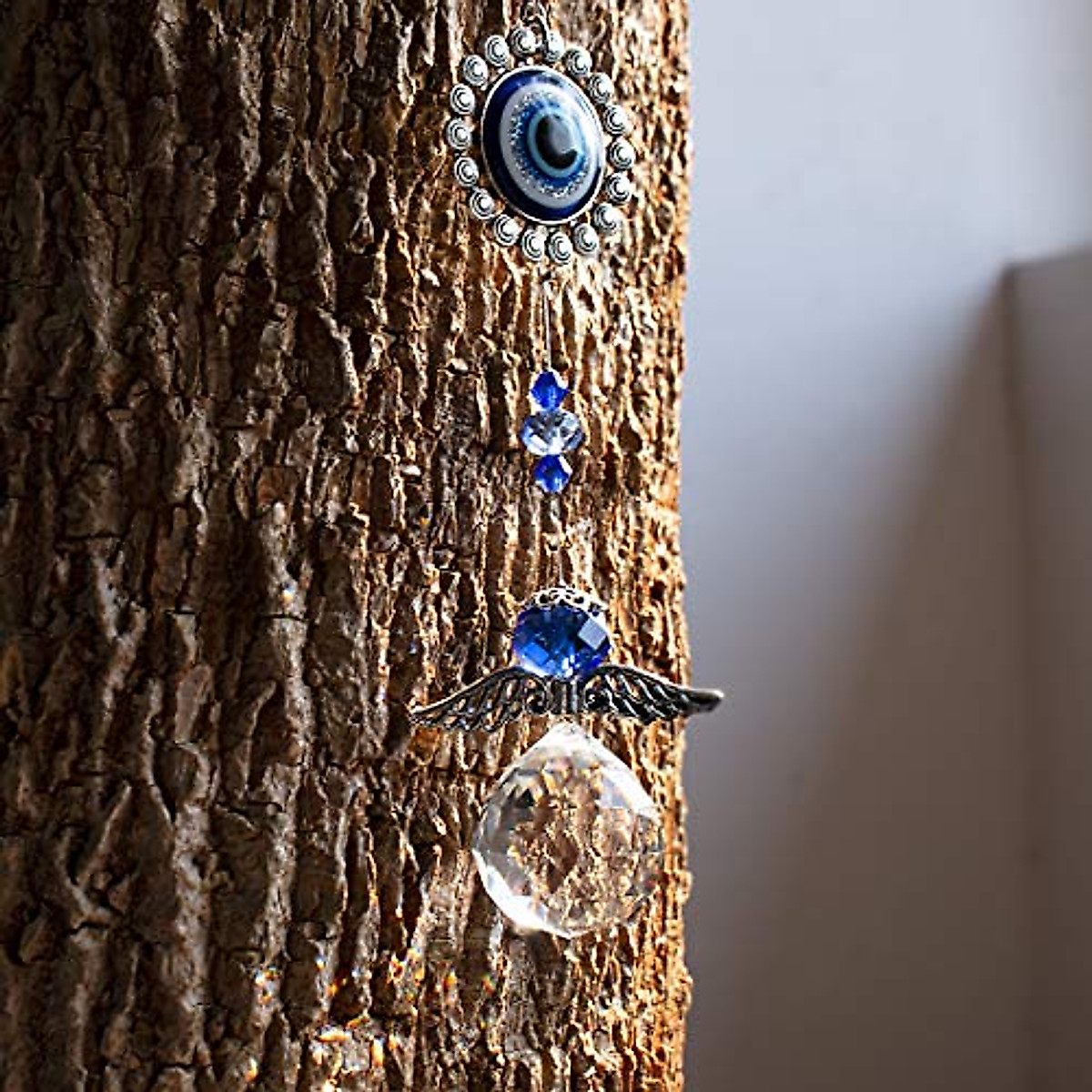 Crystal Angel Suncatcher with Feng Shui Turkish Blue Evil Eye Protection and Good Luck Charm Gift