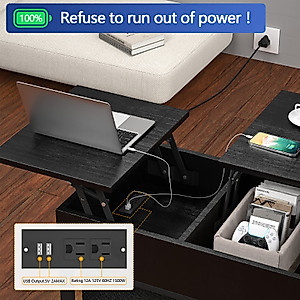 Hasipu Lift Top Coffee Table with Storage for Living Room LED Furniture 39.4",Modern Square Center Tables with USB Charging Port, Black