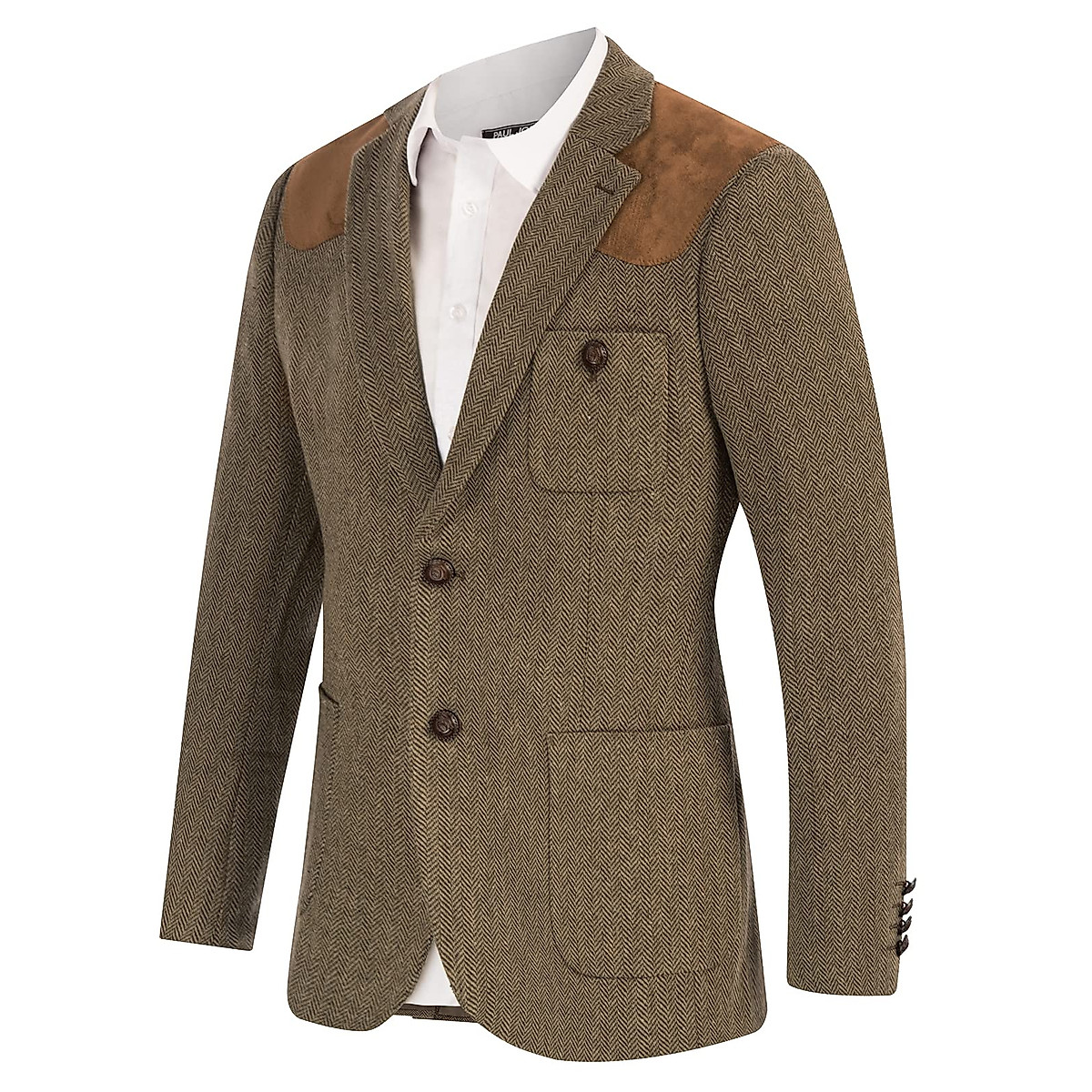 Men's Formal Tweed Patchwork Blazer 2 Button Wool Blend Sport Coat Coffee L