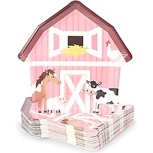 BLUE PANDA Pink Barnyard Plates for Farm Animal Birthday Party (10 x 10 In, 48 Pack)