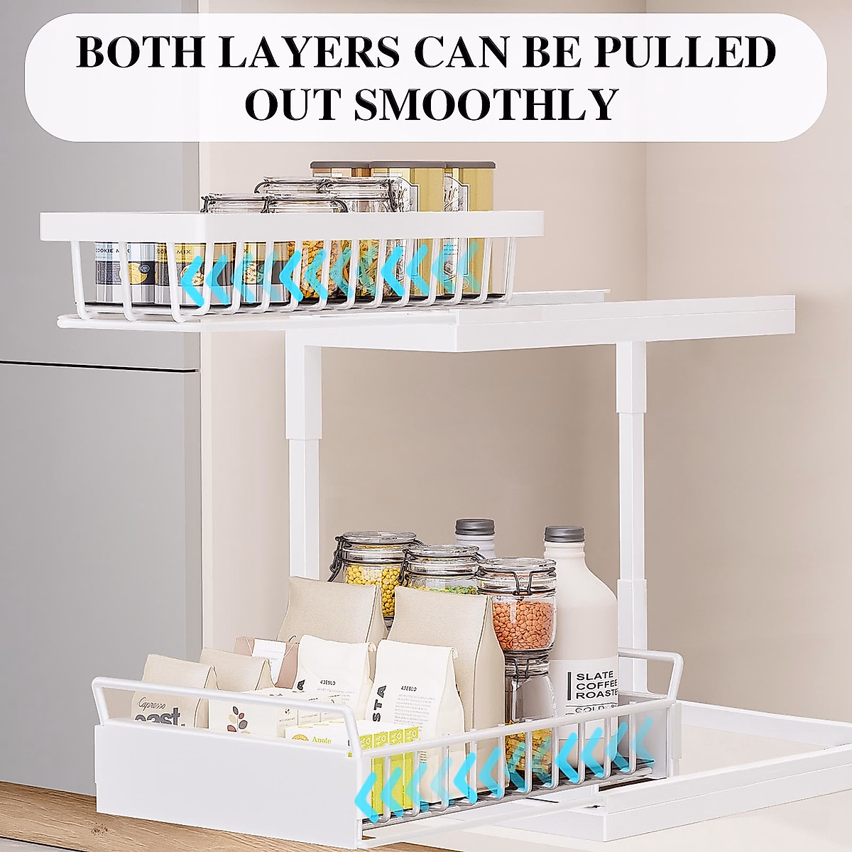 MEIJIA Double Sliding Cabinet Organizer Drawer, 2 Tier Pull Out Under Sink Organizers And Storage Bathroom And Kitchen, Metal L-Shaped Under Cabinet Organizer And Storage - White