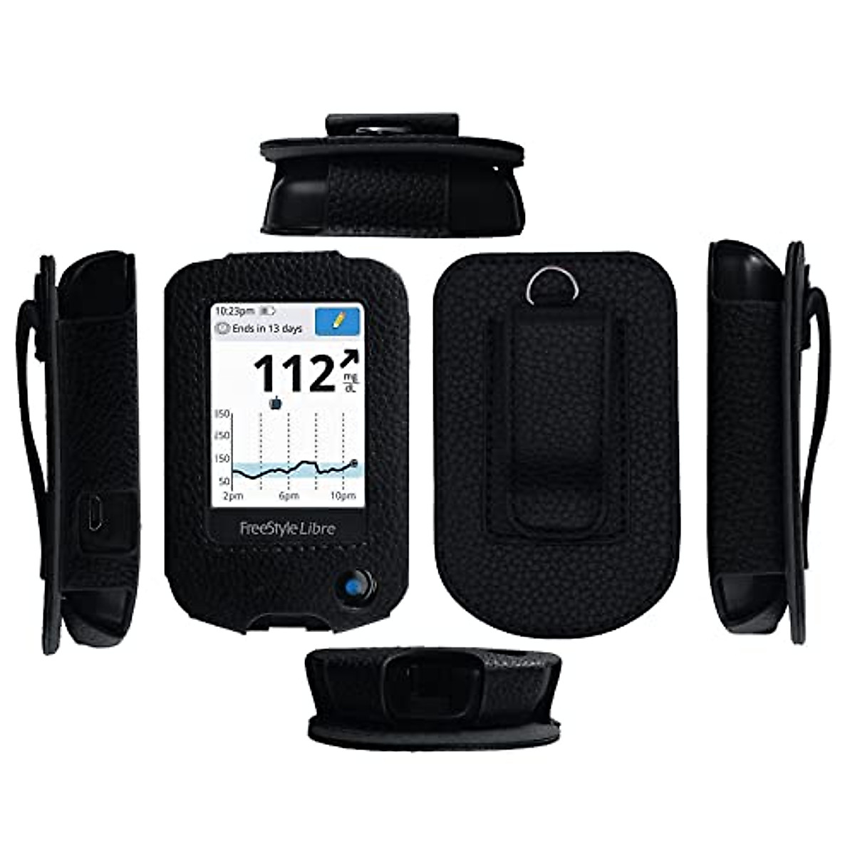 Fitted Leather Case W/Screen Protector (Includes Carabiner & Lanyard) for Freestyle Libre,Freestyle Libre 2, Freestyle Libre 14 Day,Freestyle Libre HD (Black)