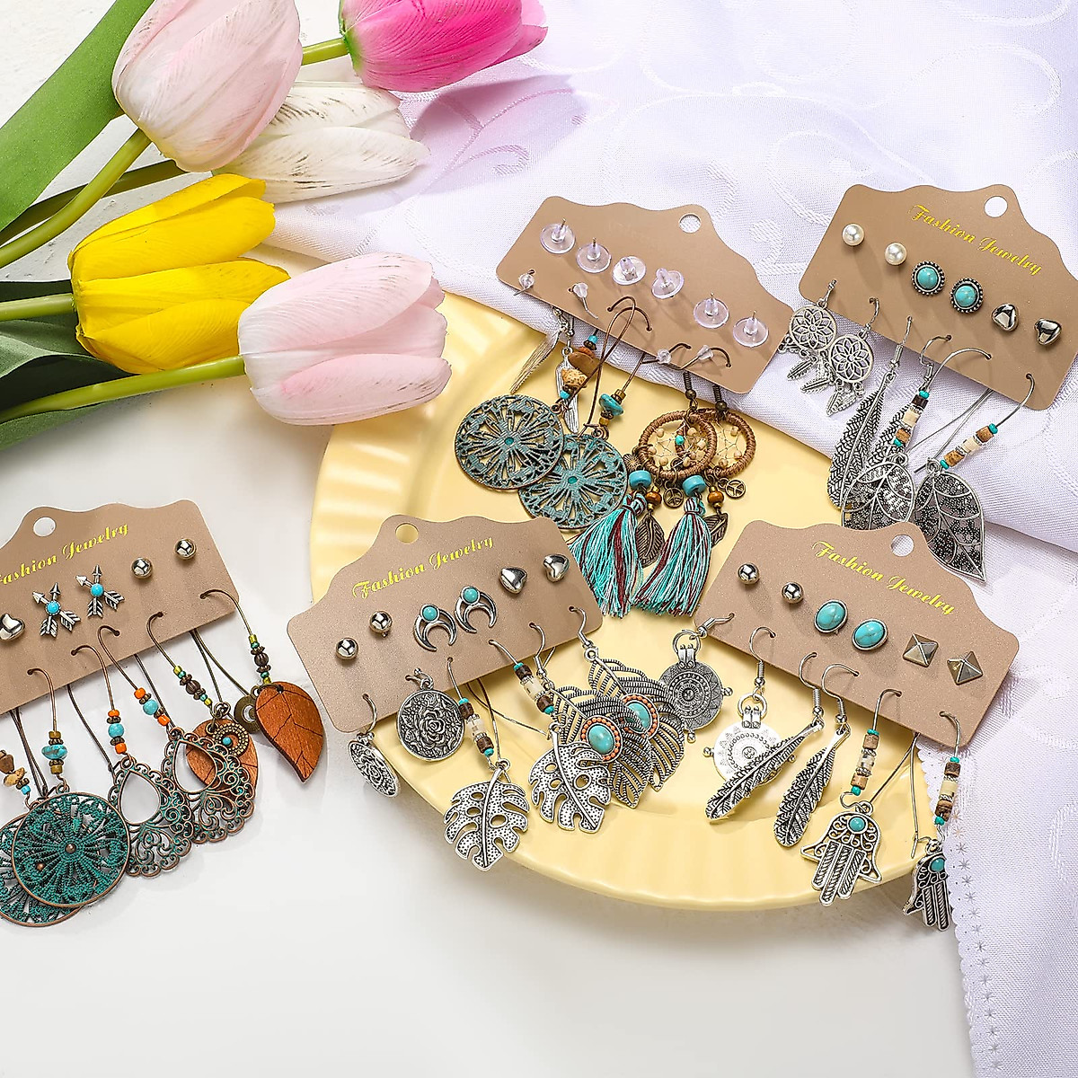 72 Pairs Bohemian Vintage Silver Drop Dangle Earrings Set for Women Girls, Hallow Earring Boho National Style Eardrop with Bronze Waterdrop Leaf Feather Shaped Vintage Jewelry