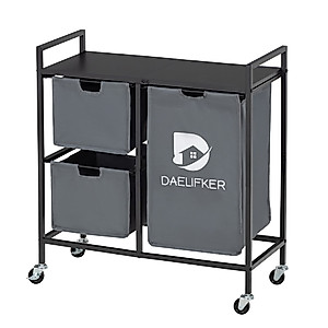 DAELIFKER Laundry Basket, Laundry Hamper 3 Section with Wheels, One Shelf, Metal Frame and Removable Laundry Sorter Bags, Clothes Hampers for Laundry Room (Grey, 85 L)