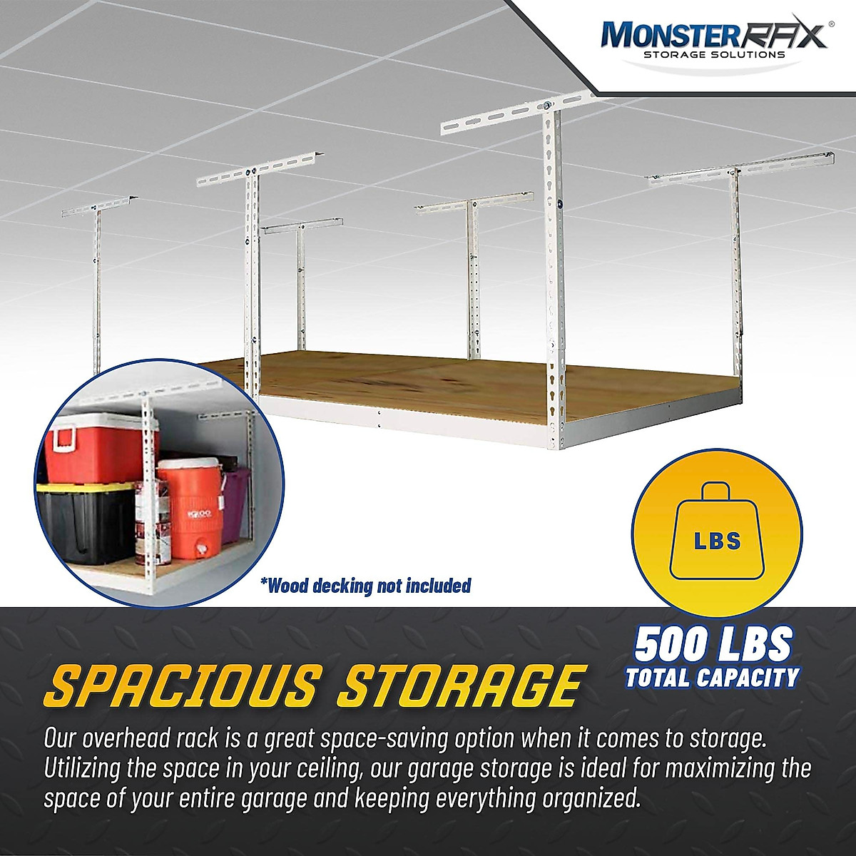 MonsterRax 4x8 Overhead Garage Storage Rack Frame Kit - Hanging Storage Shelves, Garage Ceiling Storage Rack System, Overhead Garage Organizers And Storage, Ceiling Shelving - (White, 18"-33")