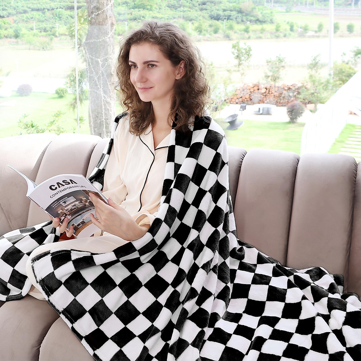 Warm Blanket Soft Cozy Throw Blanket Checkered Fleece Throw Blankets for Couch (Checkerboard Black, 50"x60")