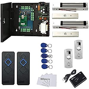 MENGQI-CONTROL 2 Door Access Control Panel System 600lbs Waterproof Magnetic Lock RFID Reader Metal Exit Button 110V Power Supply Box USB Reader RFID Card Key Fob Phone APP Remotely Open Door