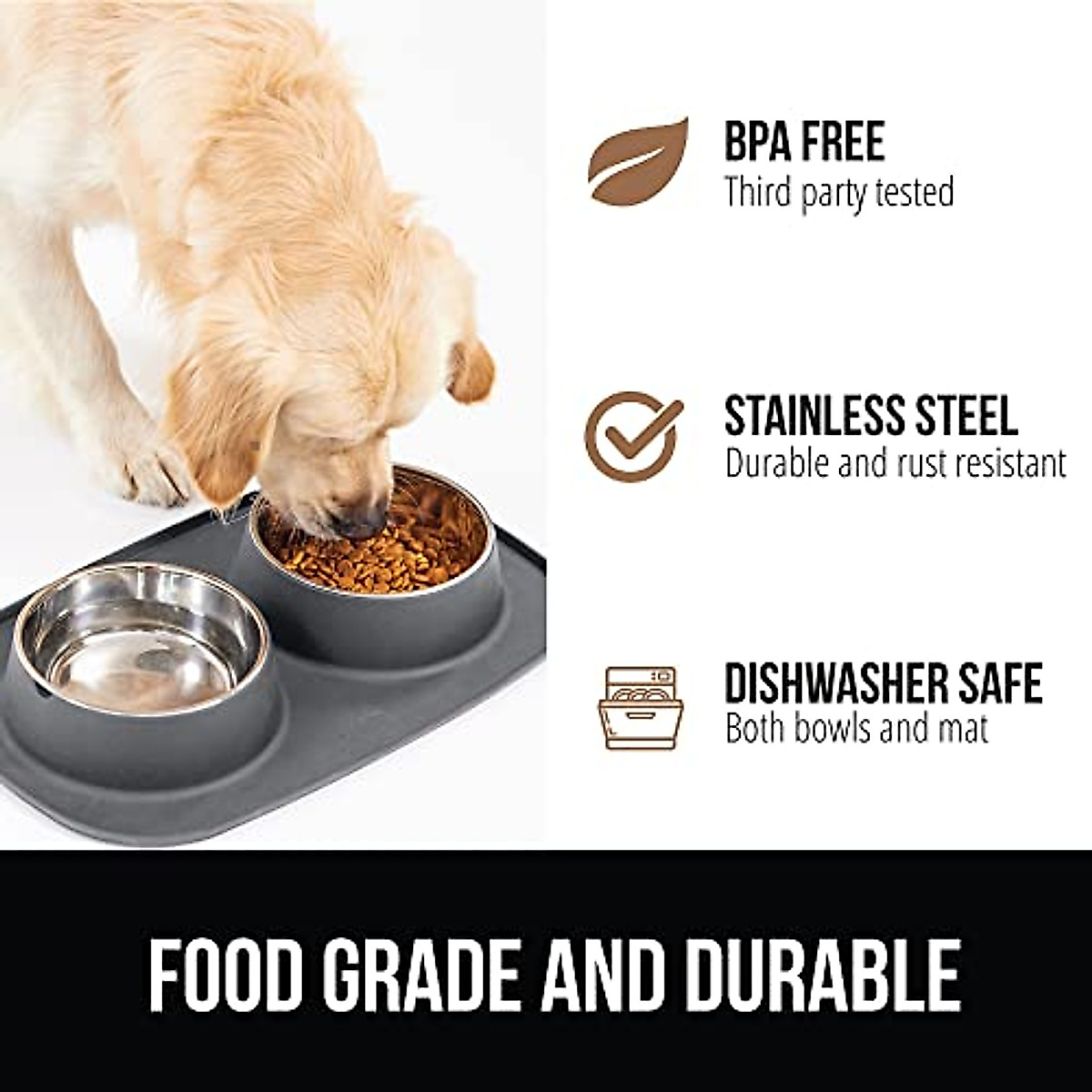 Gorilla Grip Slip Resistant Pet Bowls and Silicone Feeding Mat Set, Catch Water and Food Mess, Raised Edges for No Spills, Stainless Steel Cat and Dog Dish Bowl for Small and Large Pets, 2 Cups Gray
