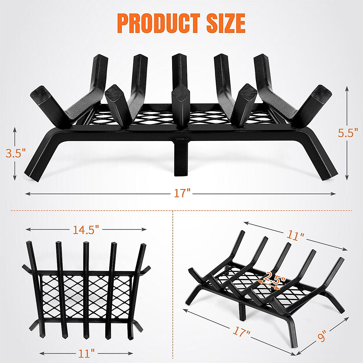 INNO STAGE Fireplace Grates with Ember Retainer - 17 Inch Fireplace Log Grate, Firewood Wood Log Holder Rack, Inside Wrought Cast Iron Fire Grate for Hearth Indoor Outdoor Camping