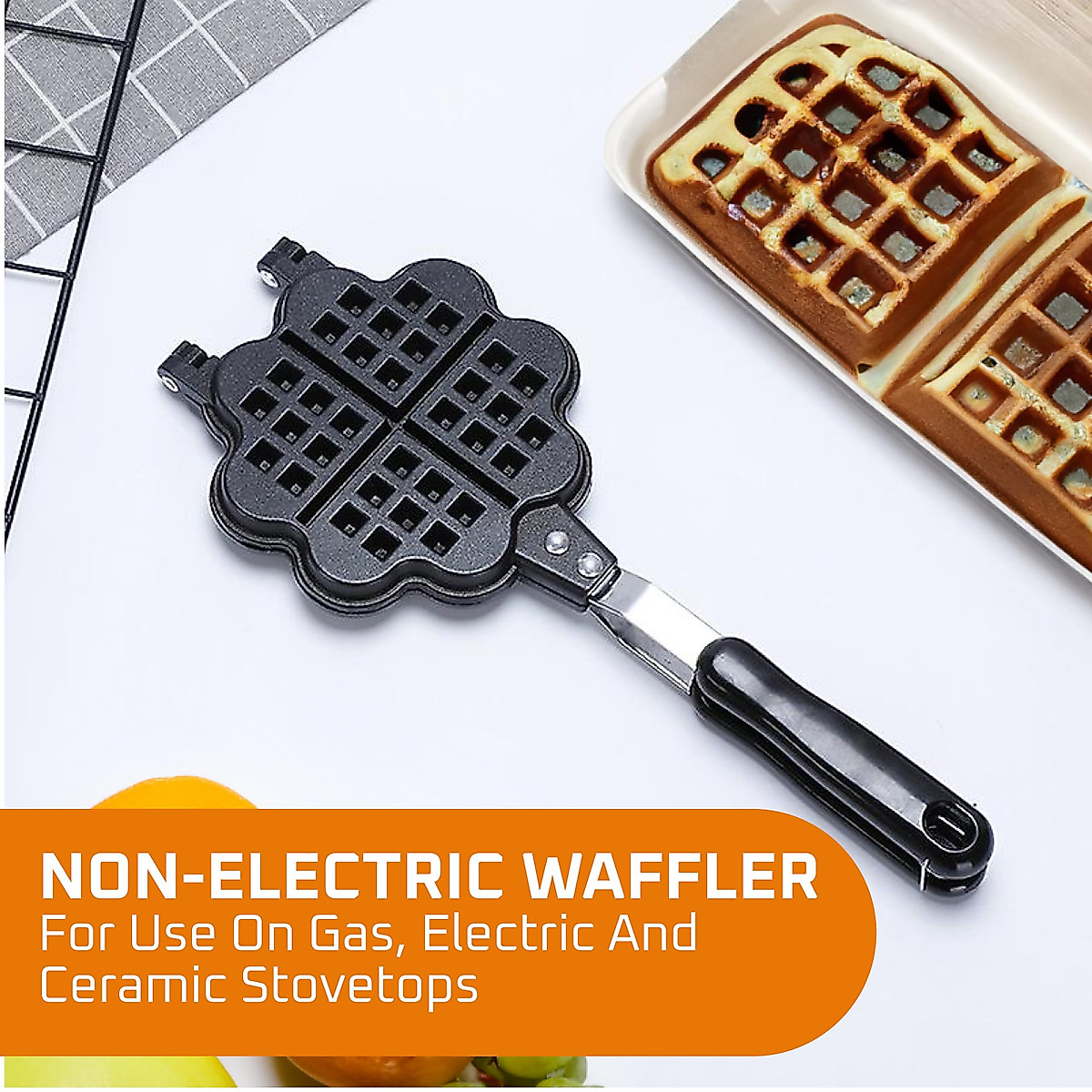 Bruntmor Stovetop Waffle Pan Set of 1 - Cast Iron Waffle Pan Maker for Pancakes, Puffs, and Waffles - Non-Electric Stovetop Griddle Panwaffle for Gas Stove - Dishwasher Safe & Non Stick Cookware