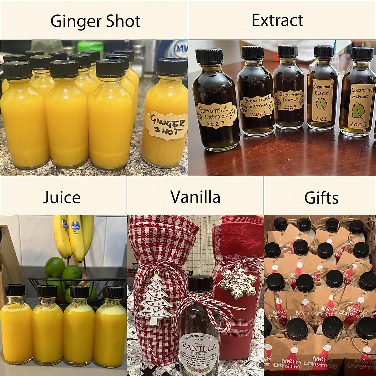 6 Pack Shot Bottles with Caps, 2 oz Glass Jars with Lids, Ginger Shots Bottles, Mini Glass Bottles or Decorative Bottles for Ginger, Vanilla Extract, Cinnamon, Honey, Cayenne, Wellness Shot, Hot Sauce