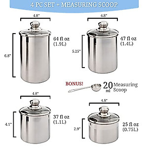 Airtight Canisters Sets for the Kitchen Counter - Stainless Steel Food Storage Containers with Glass Lids for Tea, Coffee, Sugar, Flour - Baking Dry Storage, Metal Pantry Canister - Medium 4PCS
