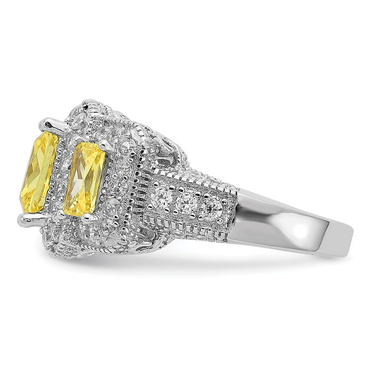 925 Sterling Silver Step Cut Radiant Cut Canary and White CZ Cubic Zirconia Simulated Diamond 3 stone Ring Size 7 Measures 13.25mm Wide Jewelry for Women