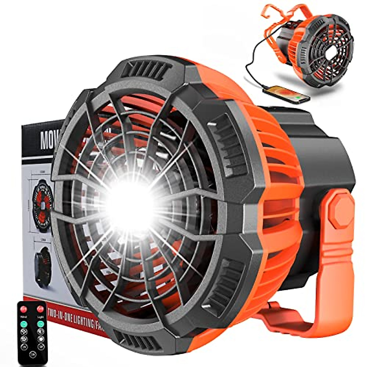 Portable Fan Camping Fan for Tents, 25 Hours Work-time Camping Lantern Ceiling Tent Fan Desk Fan with 7800mAh Power Bank, Clip and Remote, Usb Rechargeable Fan for Hiking, BBQ,Hunting, Hurricane (Black Orange)