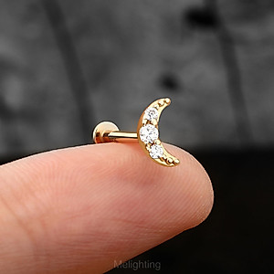 Melighting 14K Solid Gold Moon Earring, 16G Threadless Flat Back Earring with Titanium Post, CZ Stone, for Women