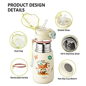 TKK Kids Insulated Water Bottle 16 oz Double Wall Vacuum Stainless Steel Thermos with Leak Proof Straw Lid & Strap Handle & Sticker (Yellow)