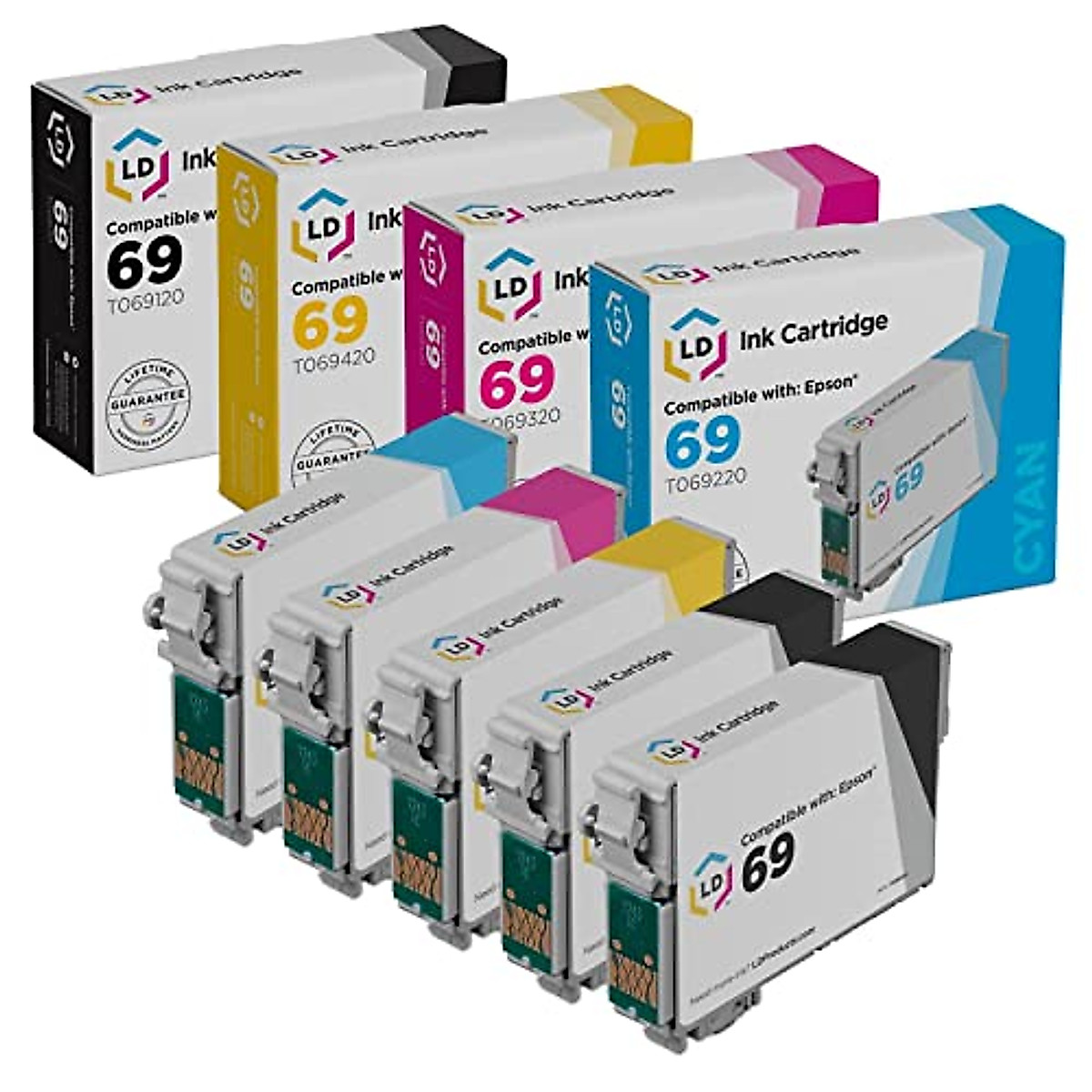 LD Products Remanufactured Ink Cartridge Replacements for Epson 69 T069 (2 T069120 Black, 1 T069220 Cyan, 1 T069320 Magenta, 1 T069420 Yellow, 5-Pack)