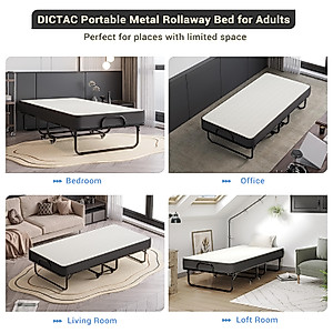 DICTAC Folding Bed with Mattress 75x38 Twin Size Bed Frame Portable Foldable Guest Bed for Adults Rollaway Bed with Wheels Fold up Bed with Metal Slats Bed Frame- 5'' Luxurious Memory Foam Mattress