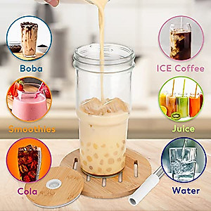 Zukro 24 oz Glass Tumbler Cup with Bamboo Lid and Straw 2 Pack, Mason Jar Drinking Glasses, Boba Tea Cup, Wide Mouth Glass Bottle for Smoothie, Iced Coffee, Juice, Water, BPA Free, Dishwasher Safe