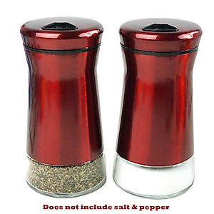 Pepper & Salt Shakers Stainless Steel Cover Glass Bottom With Rotating Adjustable Cover - Spice Sugar Shakers (Metallic Red)