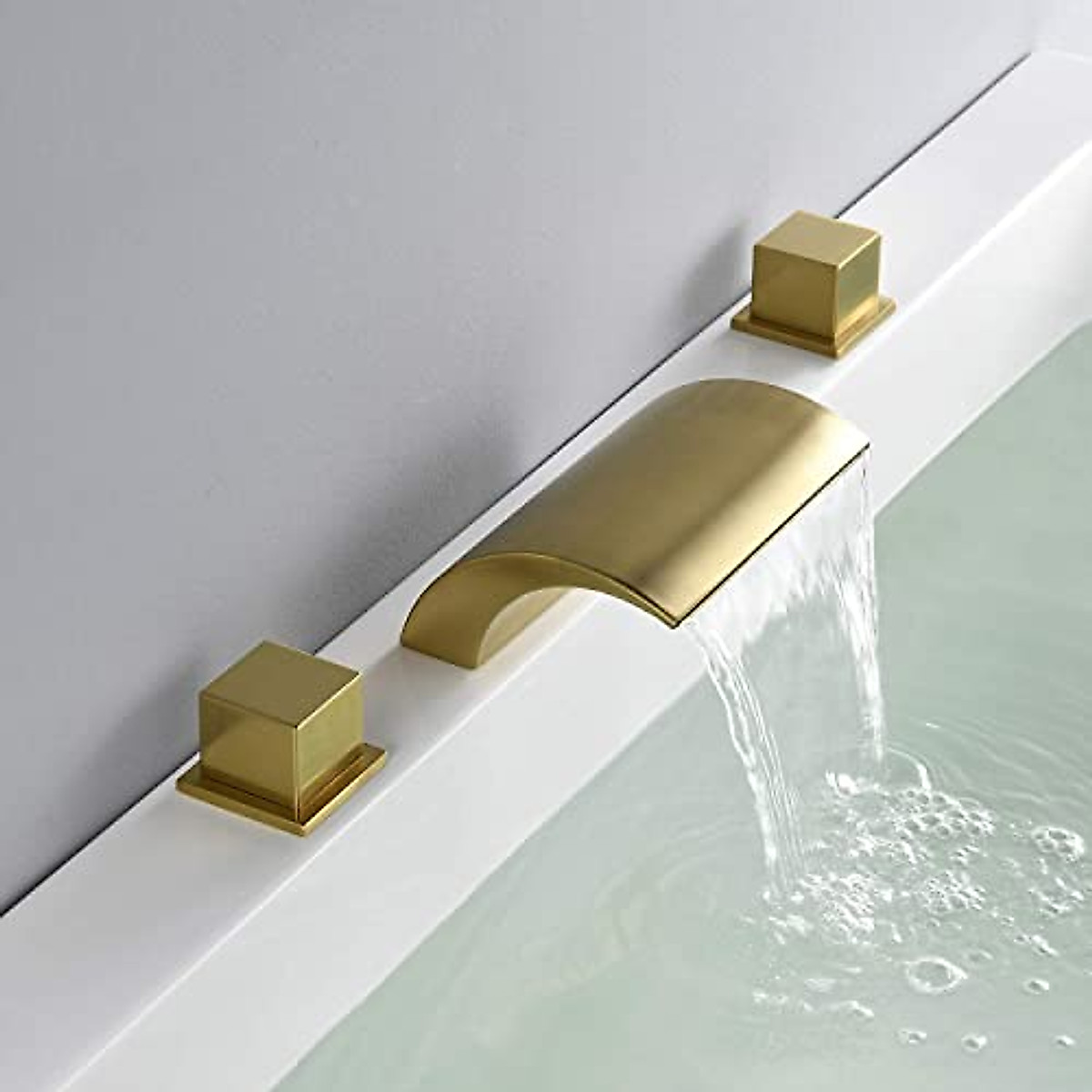 Hanallx Deck Mount Roman Tub Faucet Set, Waterfall High Flow Brushed Gold Bathtub Faucets, 12-15.7in Widespread, Deck Mount Tub Faucet with Valve, Brass 3 Holes Bath Tub Faucet Set, with 2 Handle