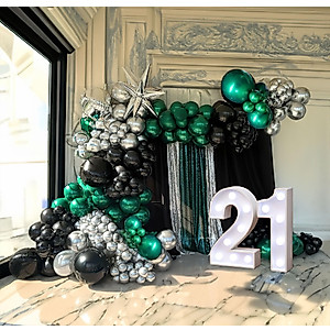 Emerald Green Silver Balloon Garland Arch Kit Double Stuffed Dark Green Black Balloons With Silver Star Balloons for Luxury Birthday Party Christmas grad decorations 2025 Decorations