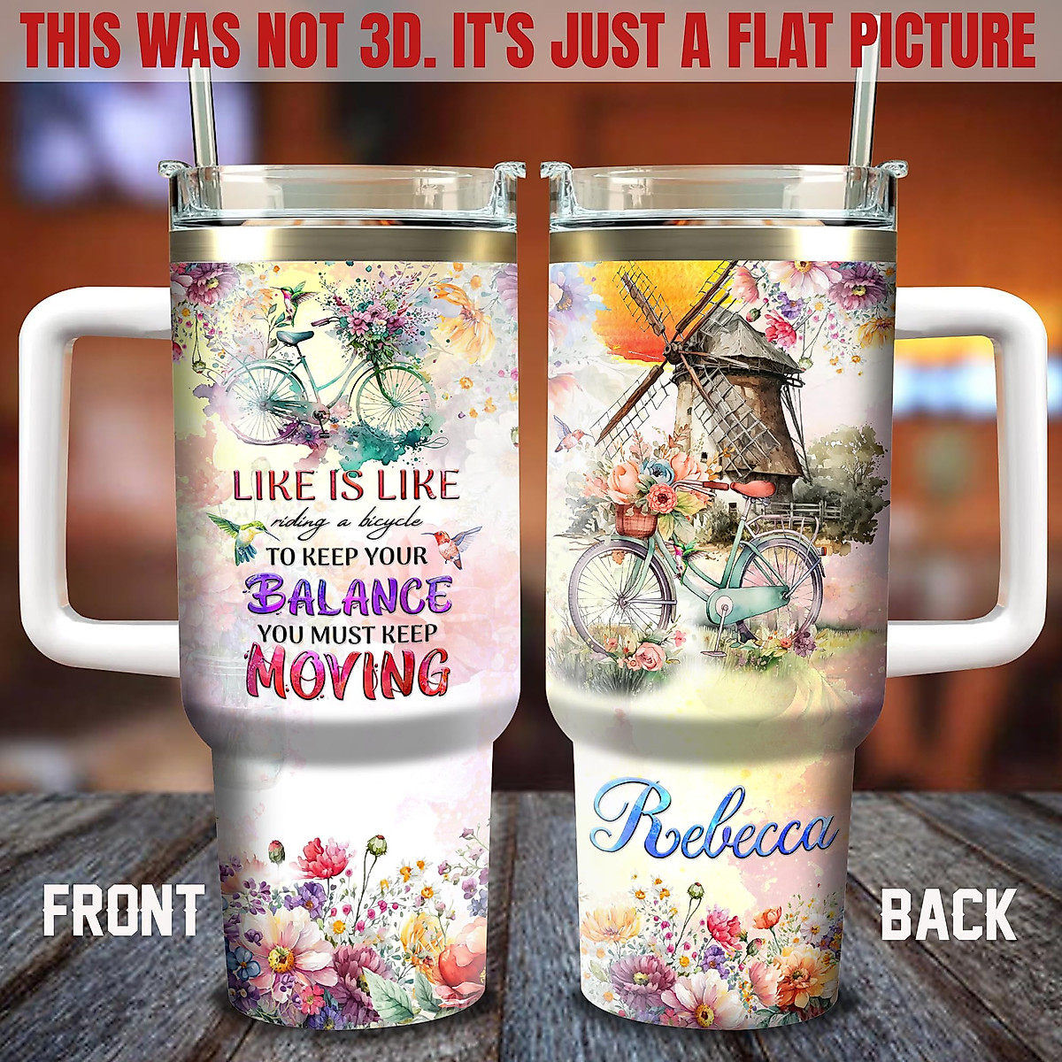 WAZONE Personalized Life Is Like Riding A Bicycle 40oz Tumbler with Handle and Straw Lid Custom Name Bicycling Gifts For Cyclist Biker Bicyclist Stainless Steel Travel Mug Flower Windmill