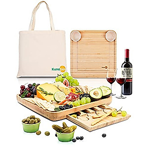 Kunaboo Bamboo Charcuterie Board Set-Green Ramekins-Climate Pledge Friendly Certified Cheese Board with Knife Set (FSC Certified eco-Friendly Bamboo)-Free Travel Canvas Bag-Cheese Boards Gift Set