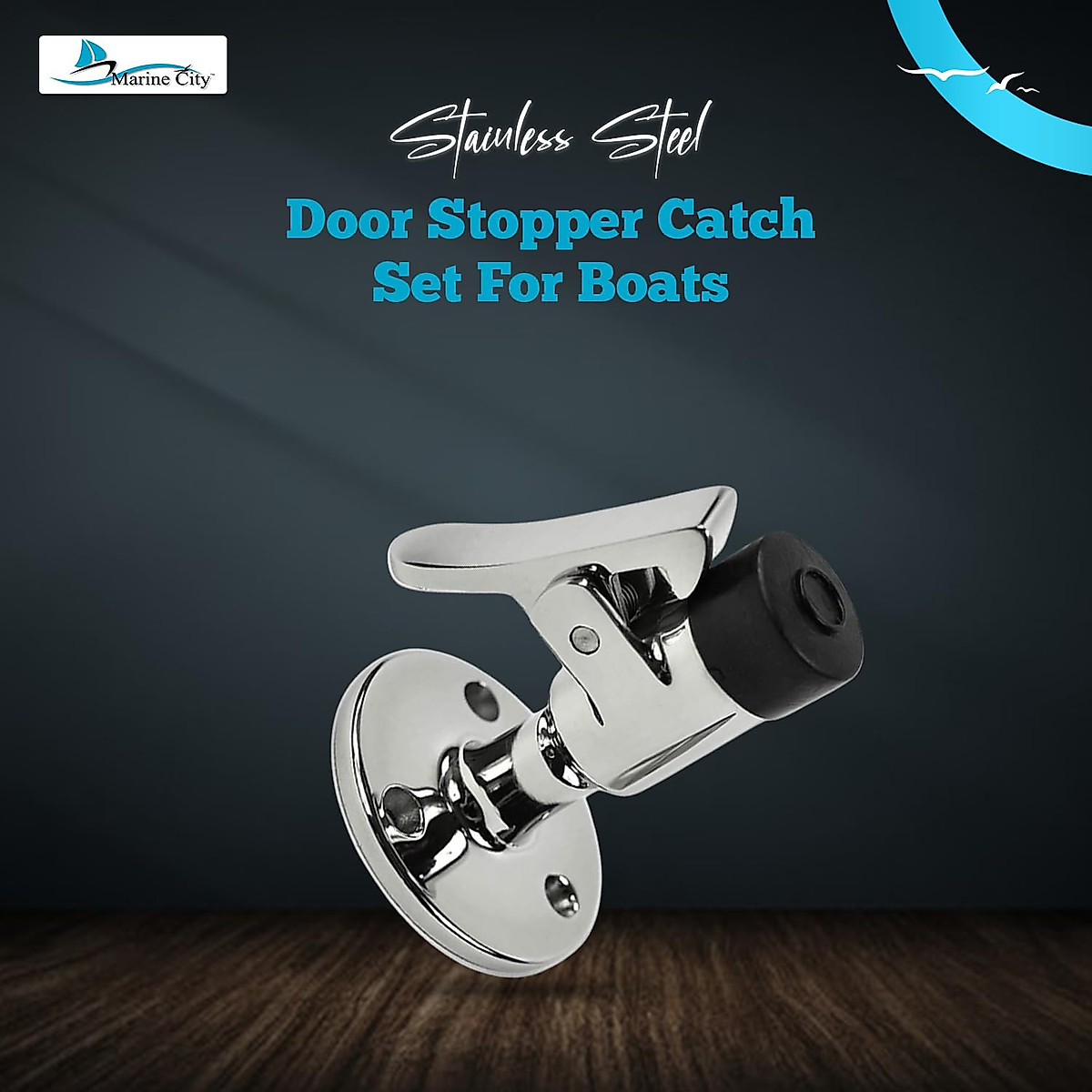MARINE CITY 316 Grade Stainless Steel Door Stopper Catch Set Gloss Finish Strong Modern Stopper Soft Stop and Catch Anti-Collision Holder for Marine Doors – Boats – Yachts – Ships (1 Pcs)