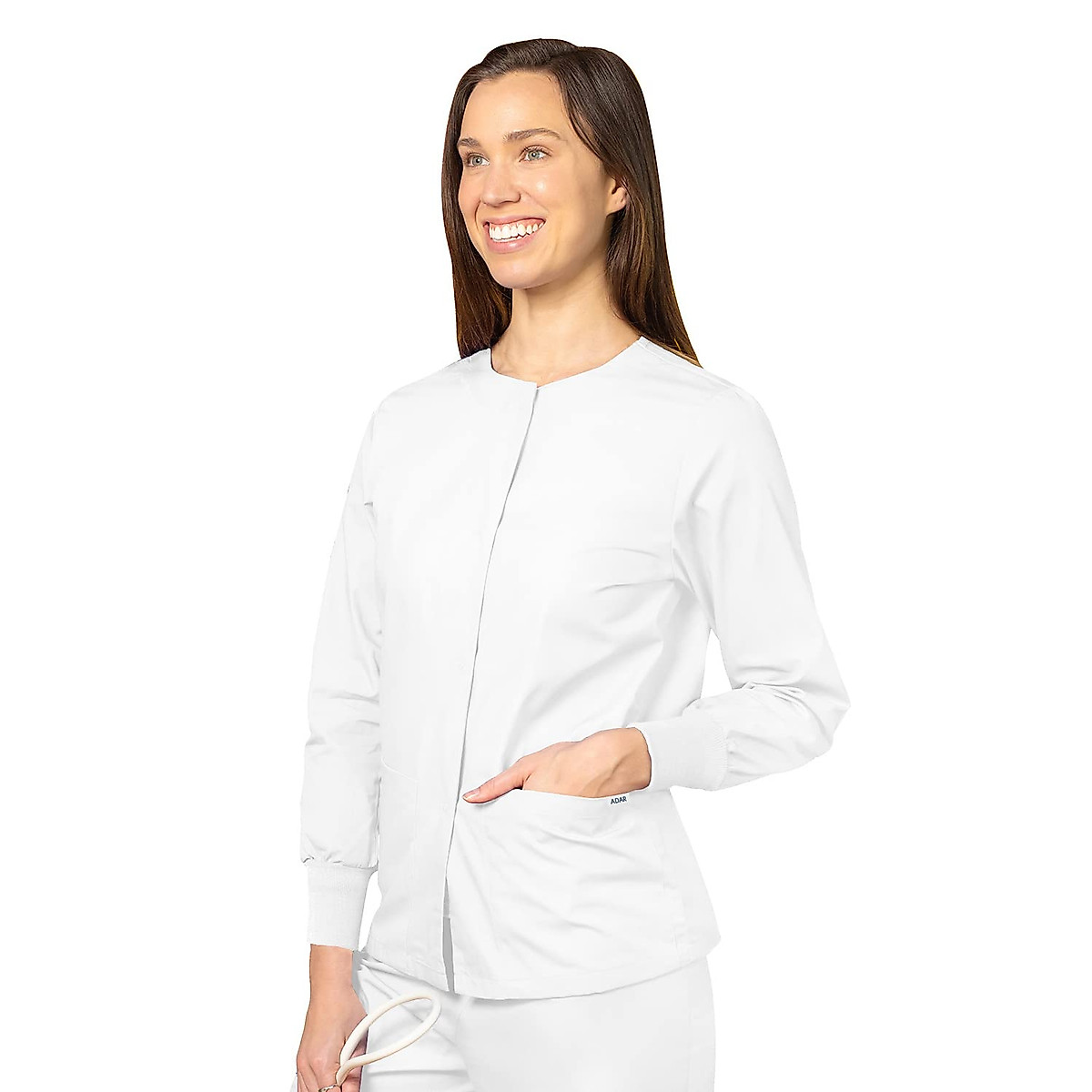 Adar Uniforms Women's Universal Round Neck Warm-Up Scrub Jacket - 602 - White - M