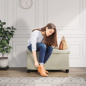 Storage Ottoman Bench with Storage Bins, 30-In Storage Bench for Bedroom End of Bed, Folding Foot Rest Ottoman with Storage for Living Room, Storage Chest Max 660lbs, Linen Fabric Ivory Ottoman