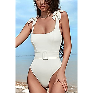 QINSEN Women's One Piece Swimsuit with Adjustable Tie Straps Elastic Belt Moderate Coverage Bathing Suit Beige S