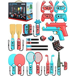 𝙎𝙬𝙞𝙩𝙘𝙝 𝙎𝙥𝙤𝙧𝙩𝙨 𝘼𝙘𝙘𝙚𝙨𝙨𝙤𝙧𝙞𝙚𝙨 𝘽𝙪𝙣𝙙𝙡𝙚 - HOZKAII 22 in 1 Family Accessories Kit Pack for Nintendo Switch/OLED Sports Games with Charging Dock, Game Guns, Tennis Rackets, Golf Clubs, Wrist Bands & Leg Strap