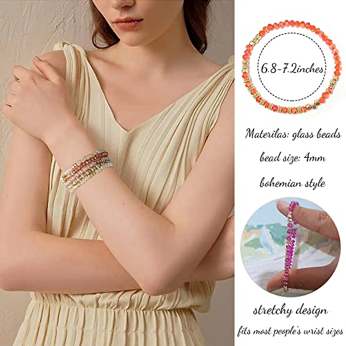 MOZAKA 26Pcs Boho Beaded Bracelets for Women Colorful Stackable Sparkly Crystal Beads Bracelets Multi-Layer Versatile Statement Bracelets Stretch Cuff Jewelry Gifts