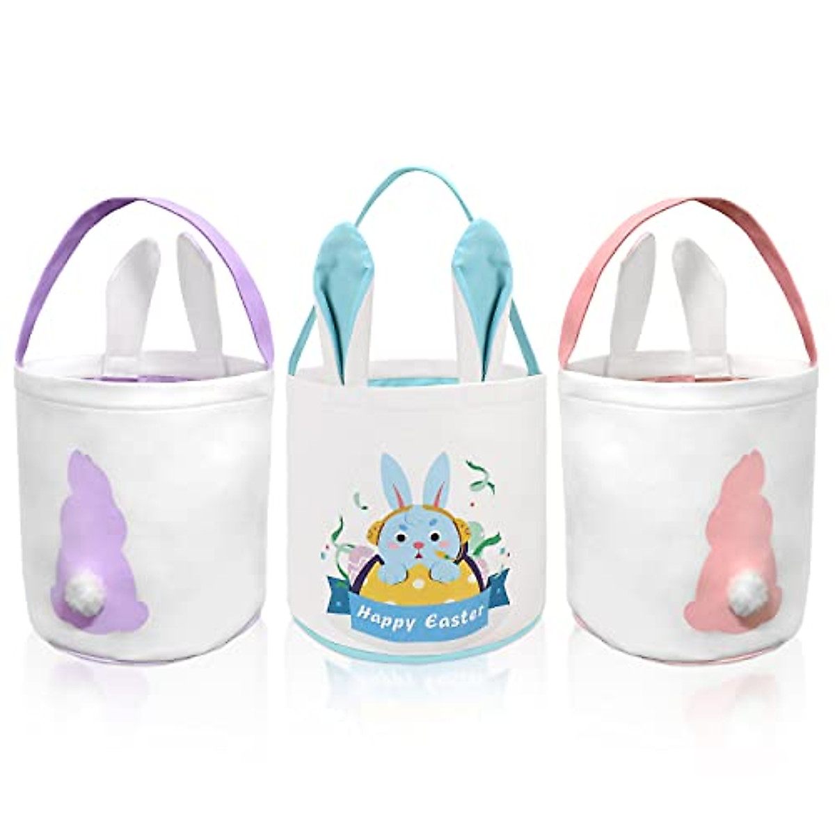 Asbtos 3 Pack Easter Basket, Bunny Baskets for Kids with Cute Rabbit Ears Stripe Storage Gifts Candies, Blue, Pink, Purple(9 x 9 x 14 inches)