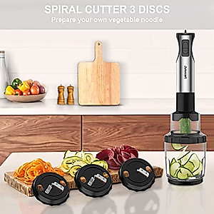 Jussiart Electric Immersion Hand Blender & Spiralizer/Vegetable Slicer 6-in-1 Food Prep Combo Kit, with 3 Spiralizing Blade Attachment for Zoodles, Grate, Ribbon, Spiral, Blend, Chop, and Puree
