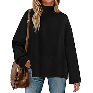 ZESICA Women's Turtleneck Sweaters Fall Winter Long Sleeve Oversized Split Hem Knitted Pullover Jumper Sweater Tops,Black,Large