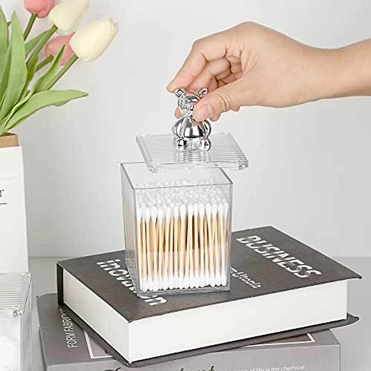 Hipiwe Acrylic Qtip Holder with Bear Lid - Clear Cotton Swab Holder Bathroom Organizer Containers Q-tip Dispenser Apothecary plastic Jar for Cotton Ball, Cotton Rounds, Cotton Pads