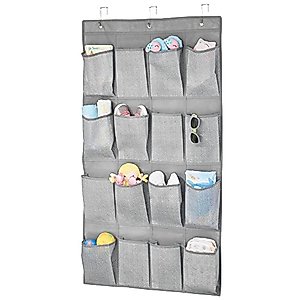 mDesign Soft Fabric Over the Door Hanging Storage Organizer with 16 Deep Pockets for Child/Kids Room, Nursery, Playroom - Metal Hooks Included - Herringbone Print - Gray