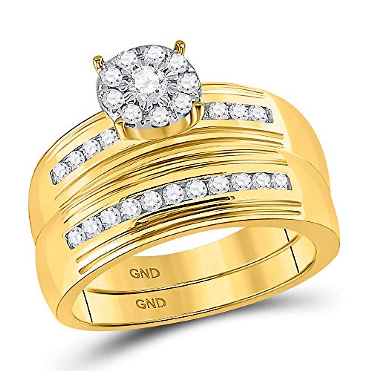 Solid 10k Yellow Gold His and Hers Round Diamond Solitaire Matching Couple Three Rings Bridal Engagement Ring Wedding Bands Set 1.00 Ct. - (L = 8.5, M = 11)