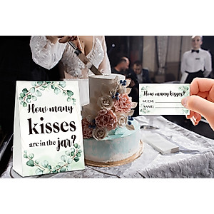 Eyouyeqi How Many Kisses Are In The Jar Sign, Greenery Bridal Shower Game, Eucalyptus Baby Shower Sign & Tickets, Wedding/Engagement Party Supplies Decorations - (1 Sign + 50 Guessing Cards) - 08